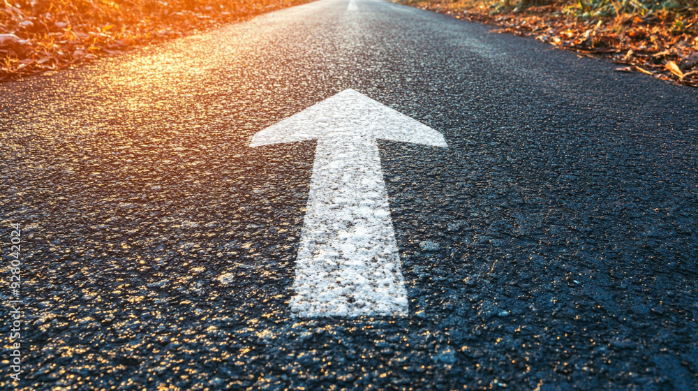 long, empty asphalt road stretches into the distance, with a prominent ...