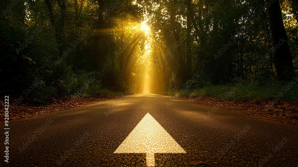 long, empty asphalt road stretches into the distance, with a prominent ...
