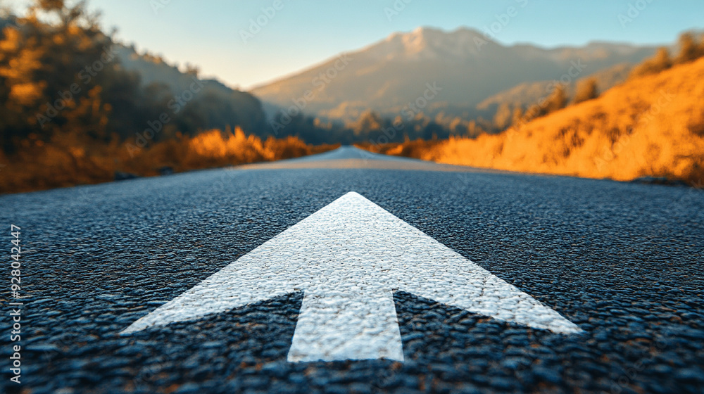 long, empty asphalt road stretches into the distance, with a prominent ...