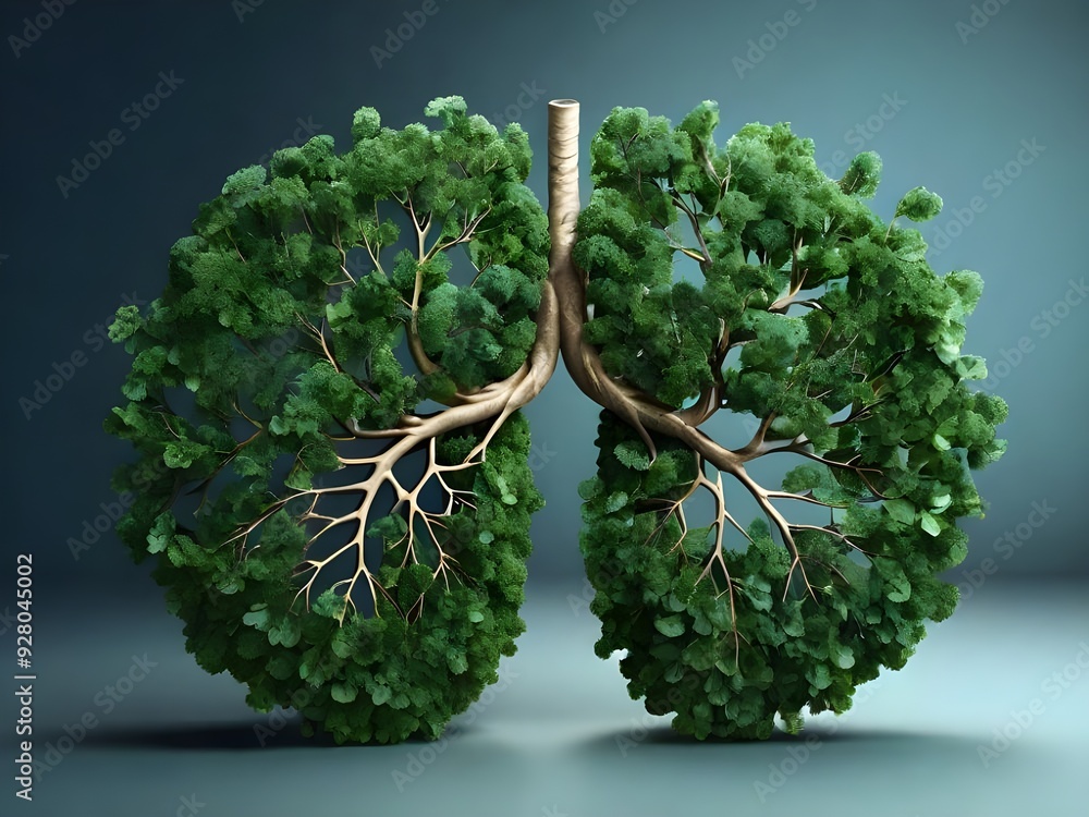 On a sparkling lead gray background, a lung made of trees filled with ...