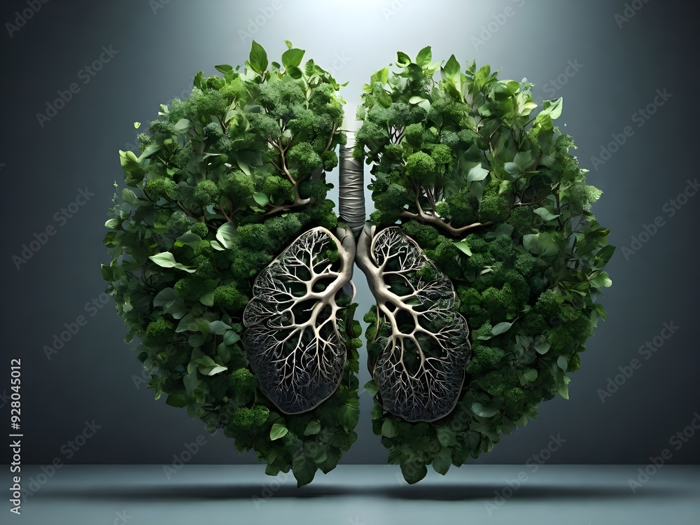 On a sparkling lead gray background, a lung made of trees filled with ...