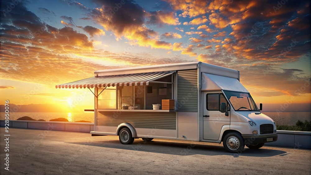 rendering of a food truck during sunrise, food truck, street food ...
