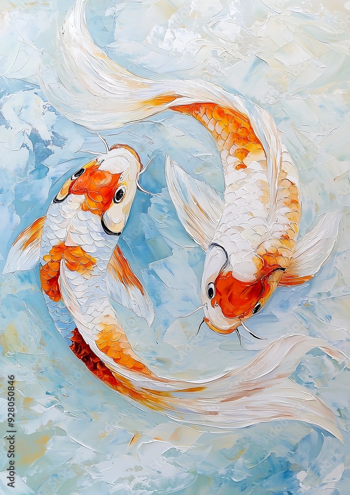 two koi fish swimming pond deep white liquid furry radiate connection ...