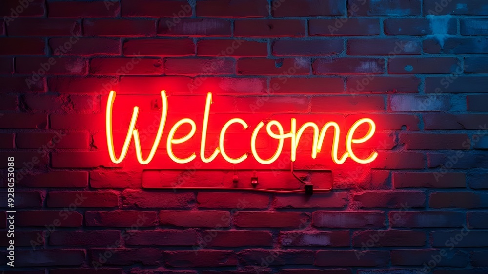 Neon welcome sign in a city wall invitation for restaurant storefront ...
