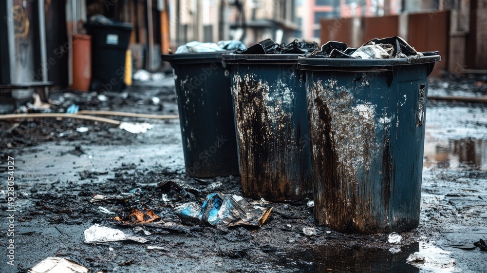 Burnt-out garbage cans after a fire, evoking a sense of destruction and ...