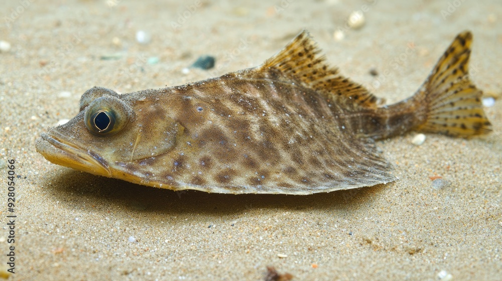 Camouflaged flatfish blending into the sandy ocean floor, showcasing ...