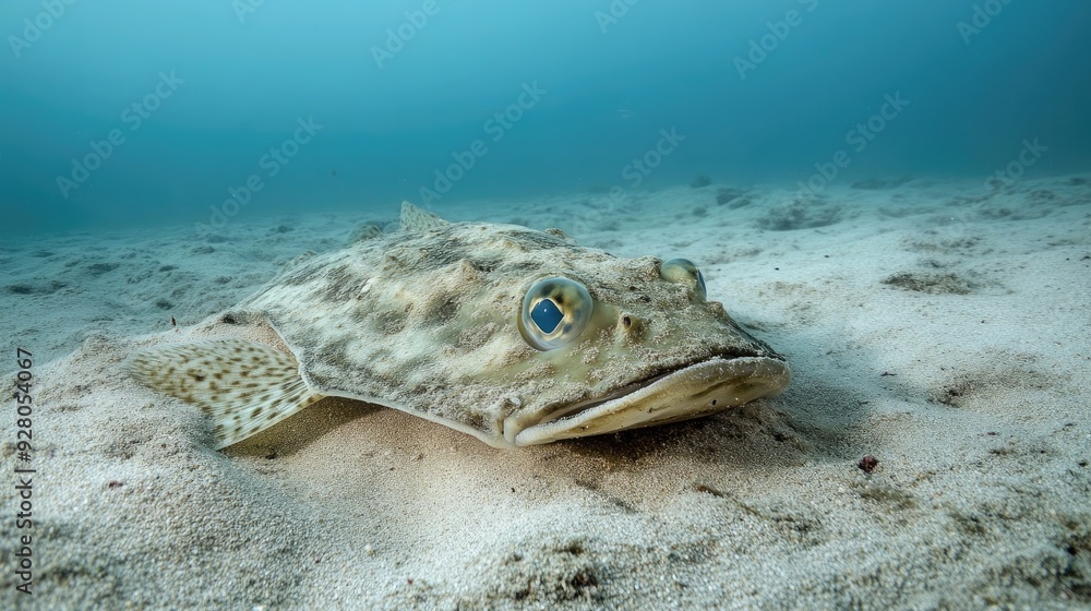 Camouflaged flatfish blending into the sandy ocean floor, showcasing its unique survival ...