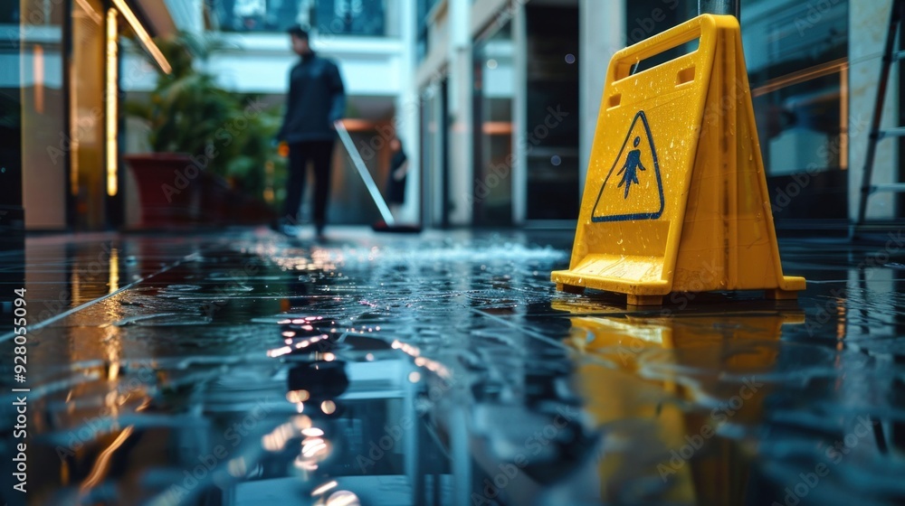 Caution sign warning of hazard near puddle in middle of street, travel ...