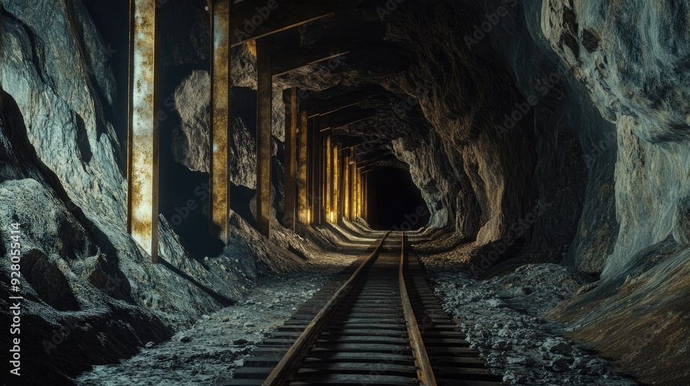 Detail shot of a mine tunnel with support beams and rock walls, empty ...