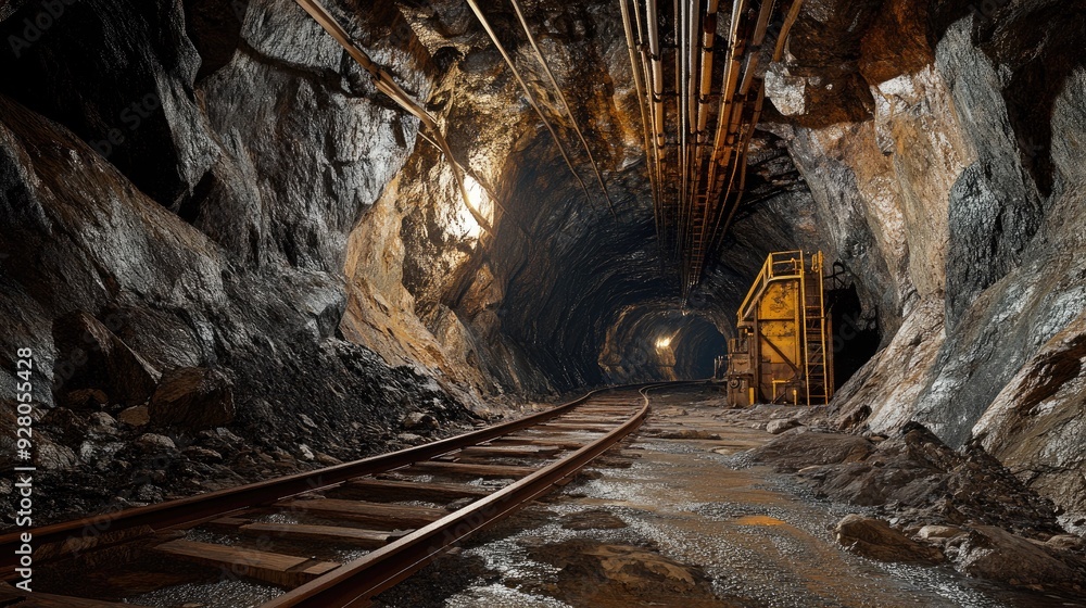 Detail shot of a mine tunnel with support beams and rock walls, empty ...