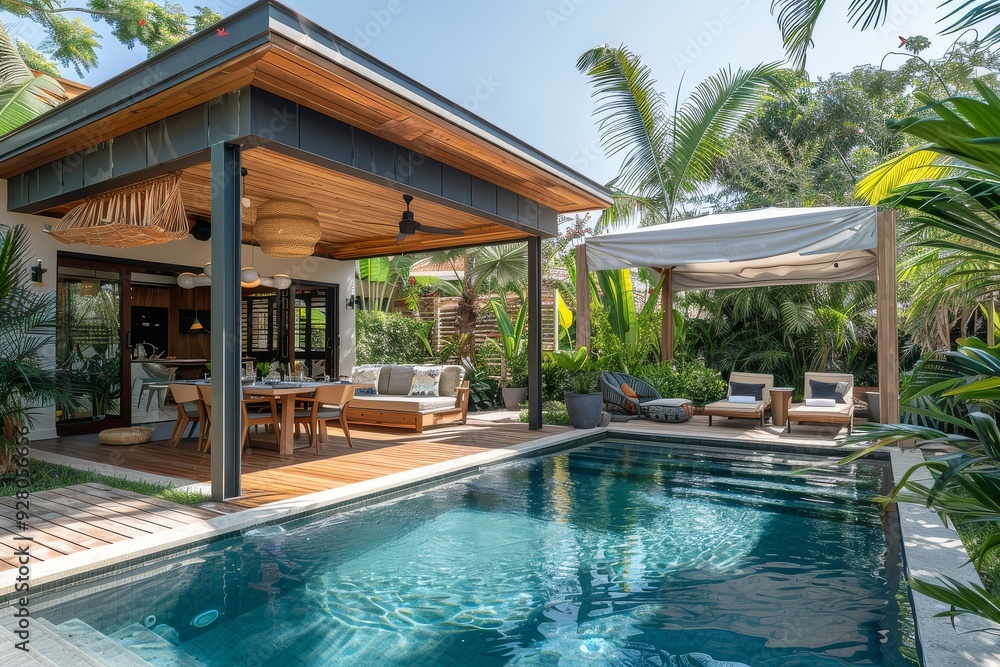 Stylish modern wooden gazebo with awning, poolside at a bungalow house, surrounded by lush ...