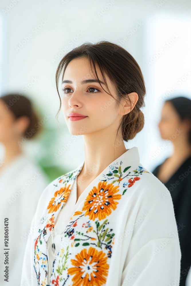 Professional woman in traditional clothing leading diverse team, bright ...