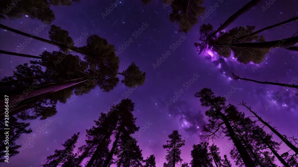 Forest trees at stary night, purple sky and the milky Way through the ...