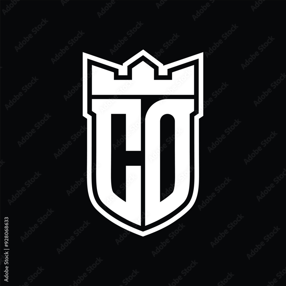 CO Logo shield shape with geometric crown inside white outline on black background template ...