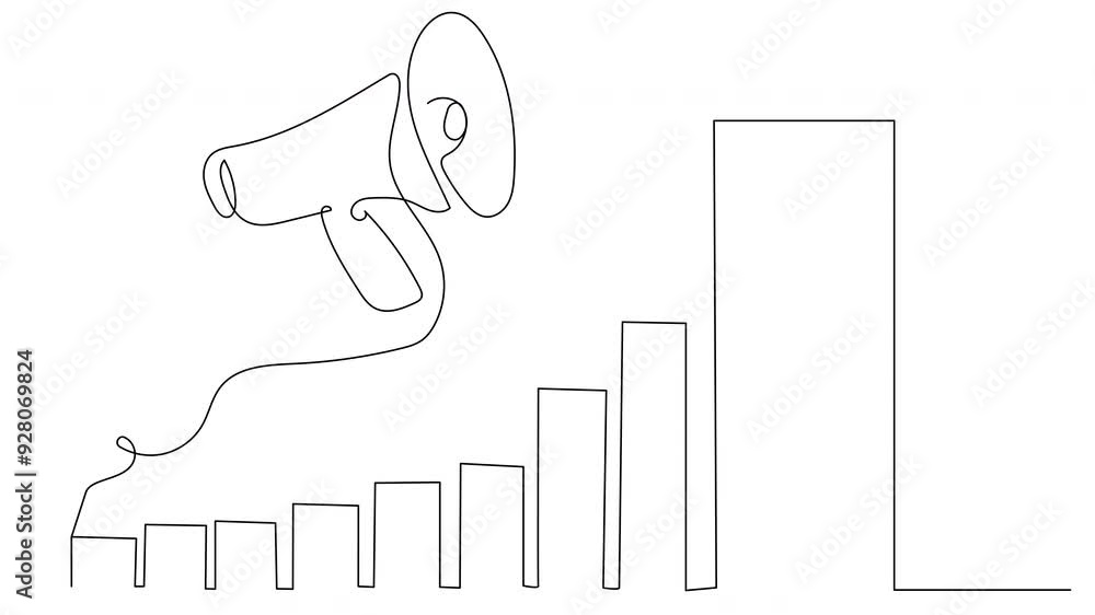 A single line drawing of a megaphone, the sound waves of which are ...