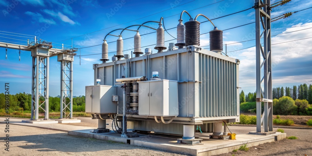 High voltage power transformer standing tall in an outdoor electrical ...