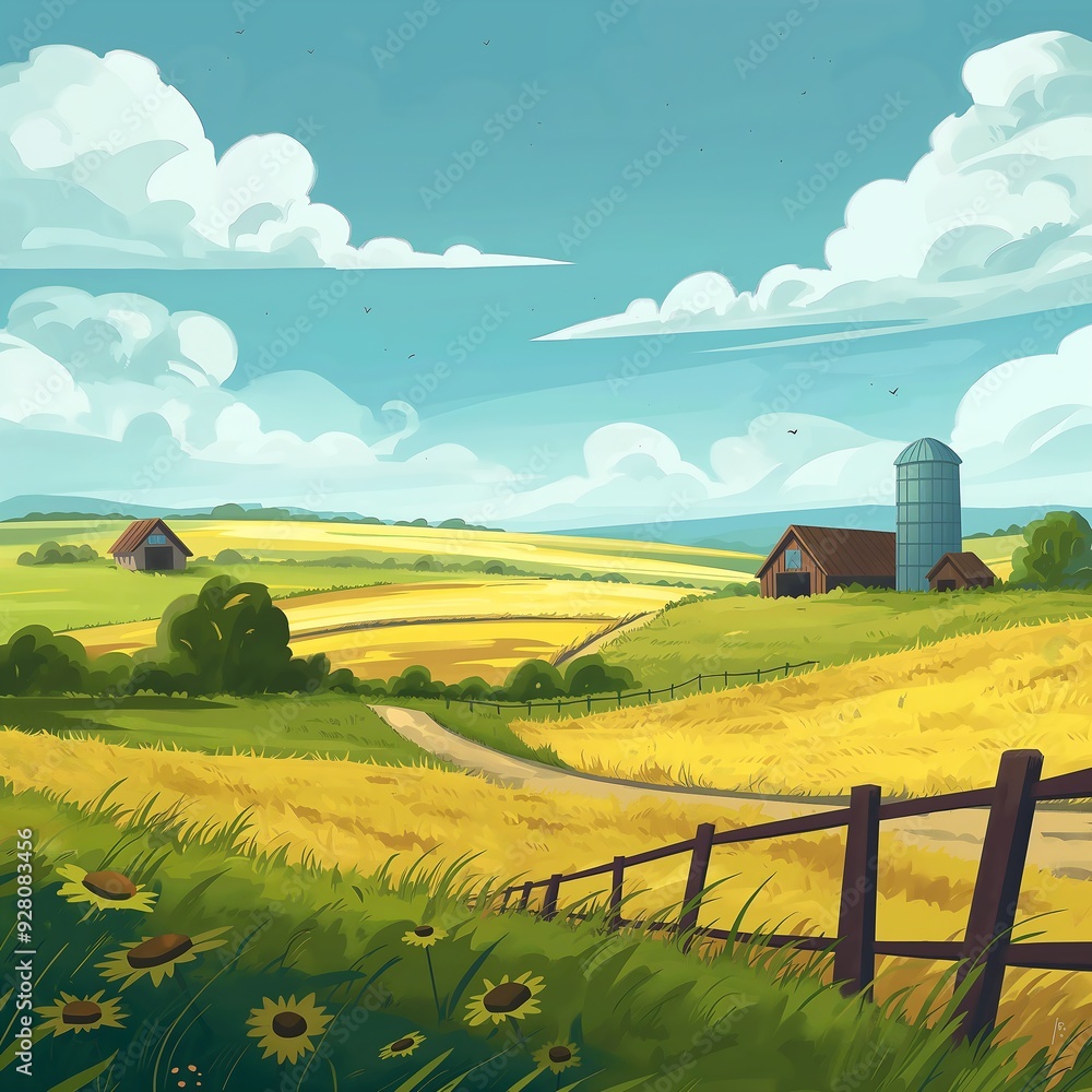 cartoon farm scene road buildings valve promotional splash horizon ...