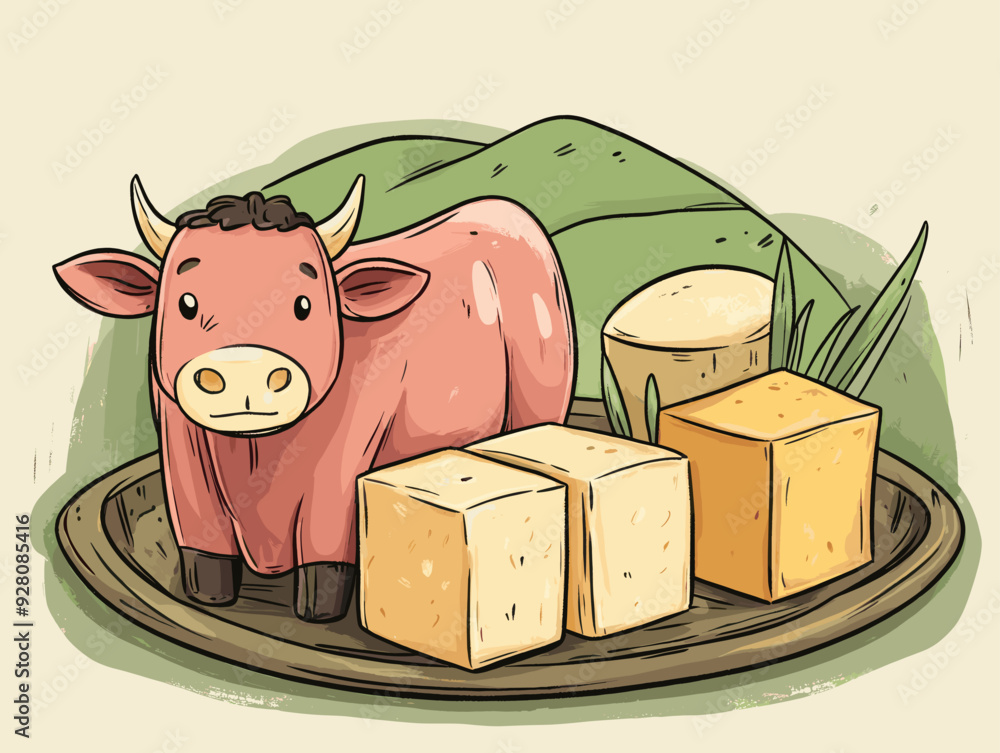Cute Cartoon Cow with Blocks of Cheese on a Platter Against Green Hills ...