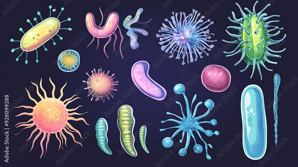 Anatomical illustration of different types of bacteria, displaying ...