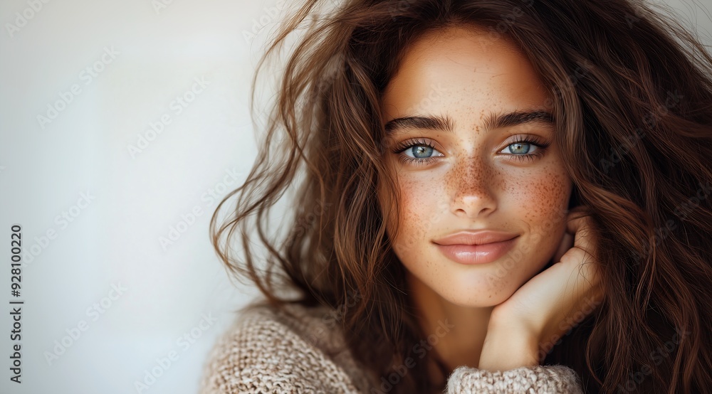 woman freckles blue eyes posing medium long curly hair perfect face ...