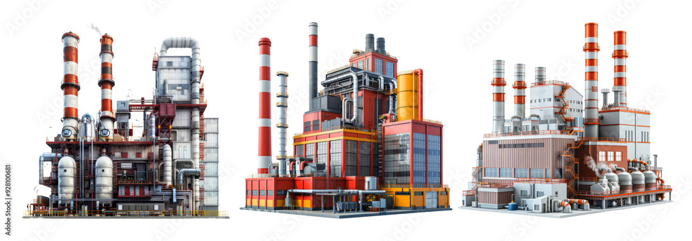 Factory buildings set isolated on transparent background with ...