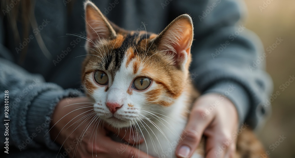 Affectionate moment, Cat nestles in loving arms. A calico cat being ...