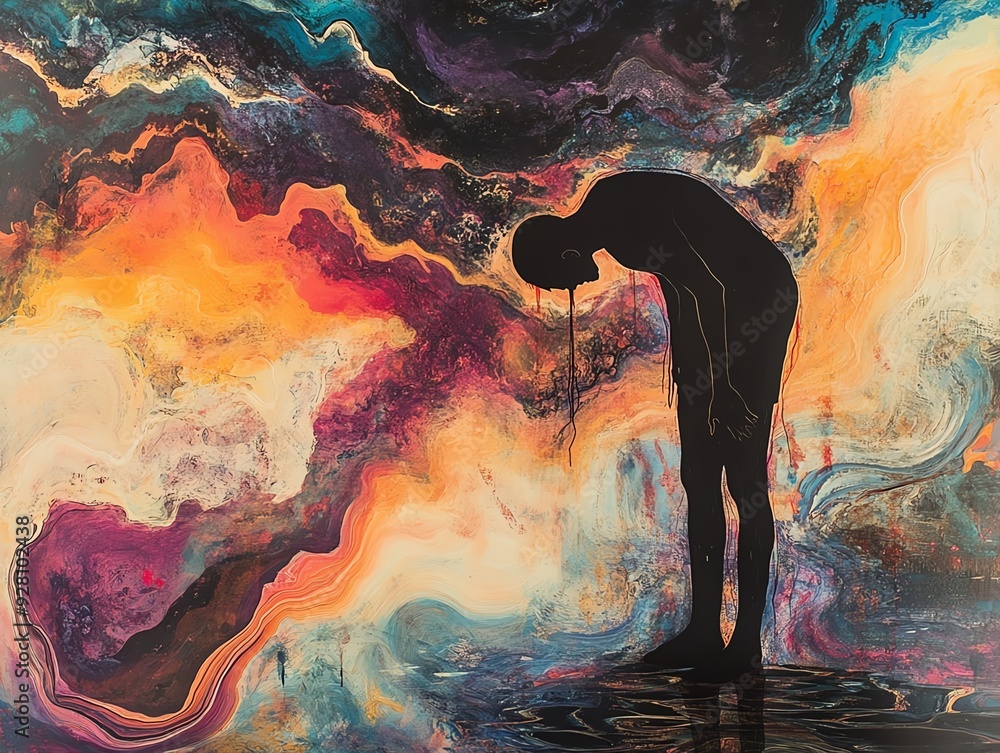 Visualize the theme of chronic pain through a surreal composition of a ...