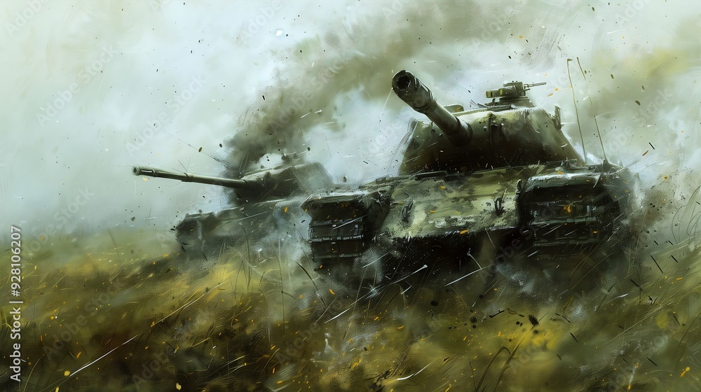 tank field smoke coming out covered full metal armor ground swirling ...