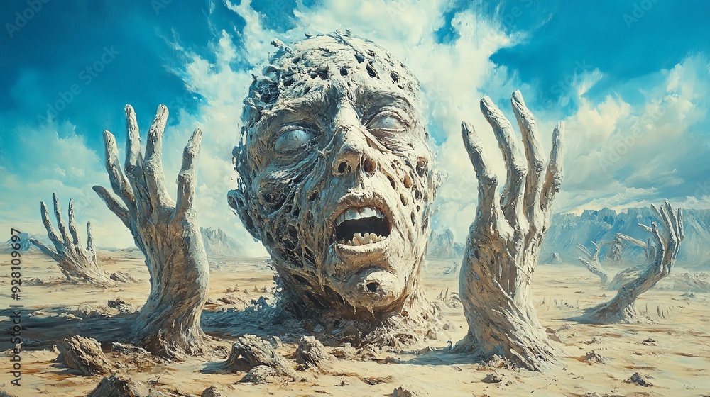 Craft a surreal oil painting depicting a distorted, agonized face in a ...