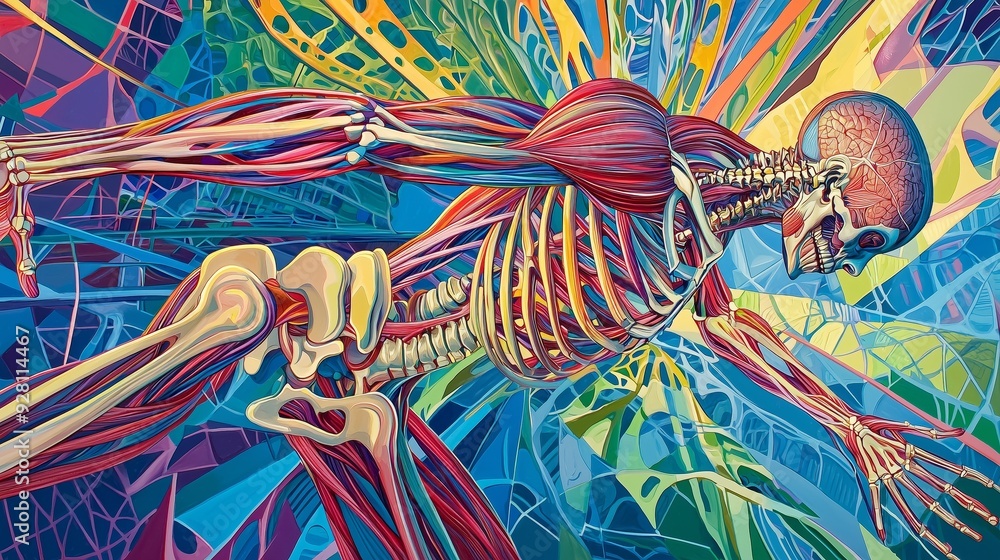 A vibrant depiction of the human muscular and skeletal systems together ...