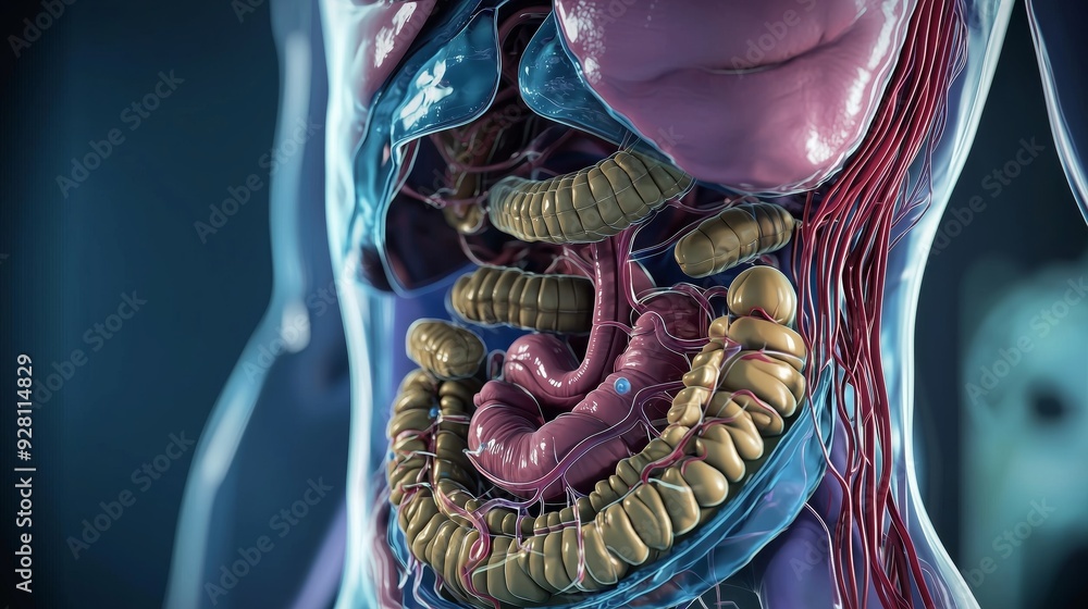 A cross-sectional view of the human digestive and urinary systems ...