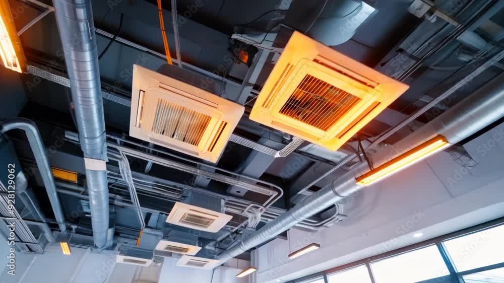 A bright office space is shown with ceiling-mounted air conditioners ...