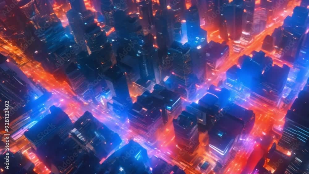 Loop video. Aerial fly in 3d abstract city with many sky scrapers neon ...