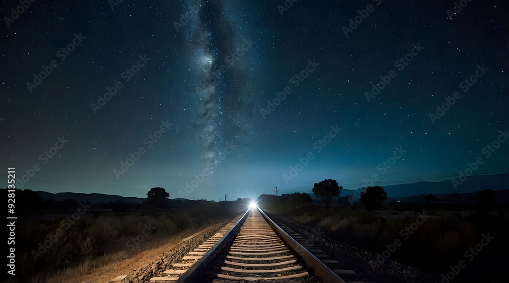 Train Tracks Leading Towards the Milky Way under a Starry Night Sky Stock 写真 | Adobe Stock