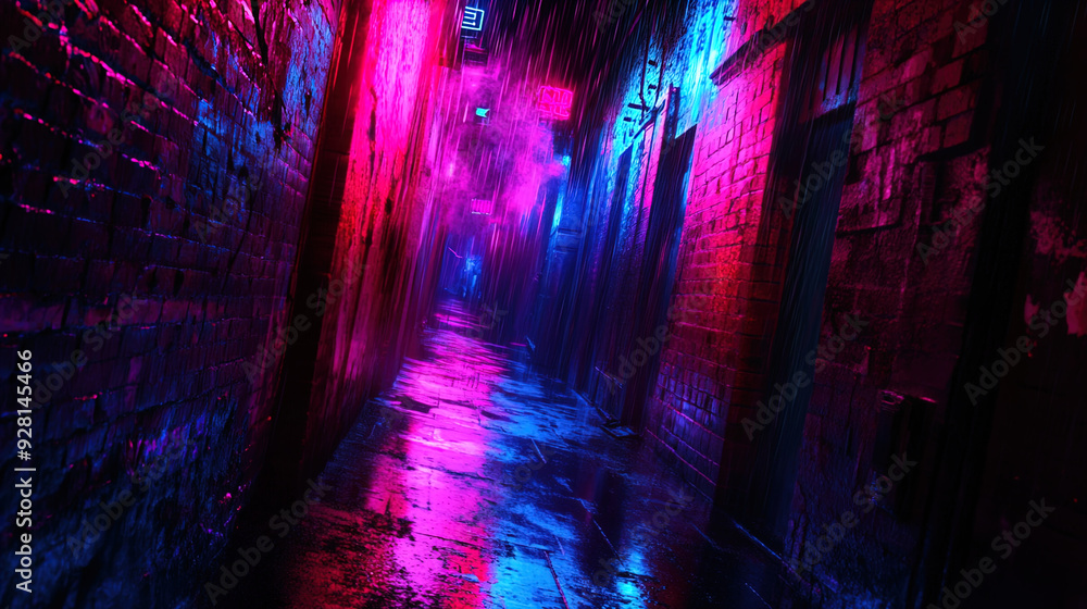 A narrow alleyway illuminated by vibrant neon lights in shades of pink ...
