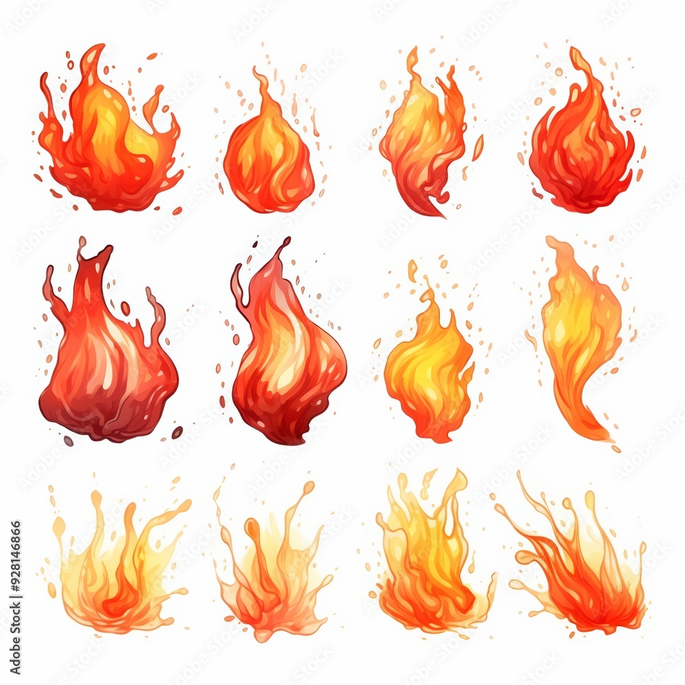 Cartoon illustration of 12 fire flames with red, yellow and orange ...