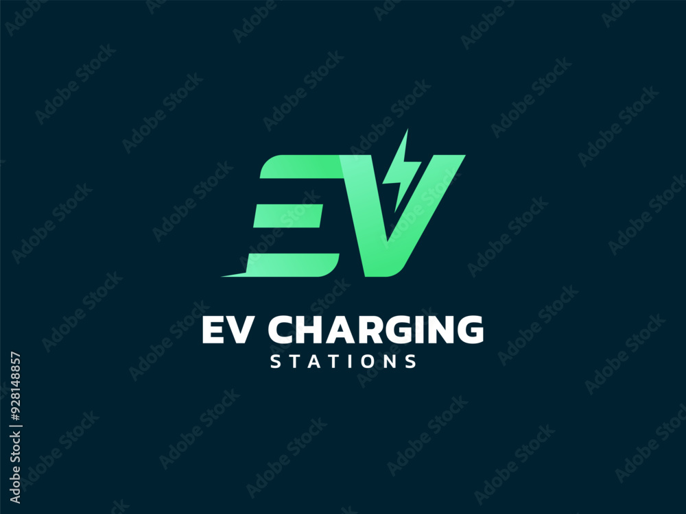 Electric Vehicle Charger letter EV with Lightning Bolt Symbol in letter ...