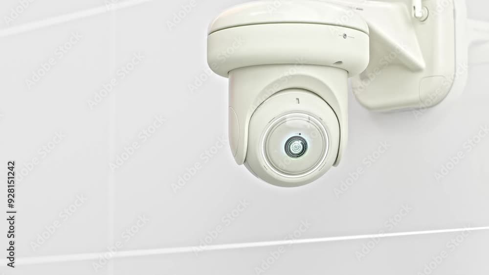 Futuristic white Security CCTV camera. Scan the area for surveillance ...