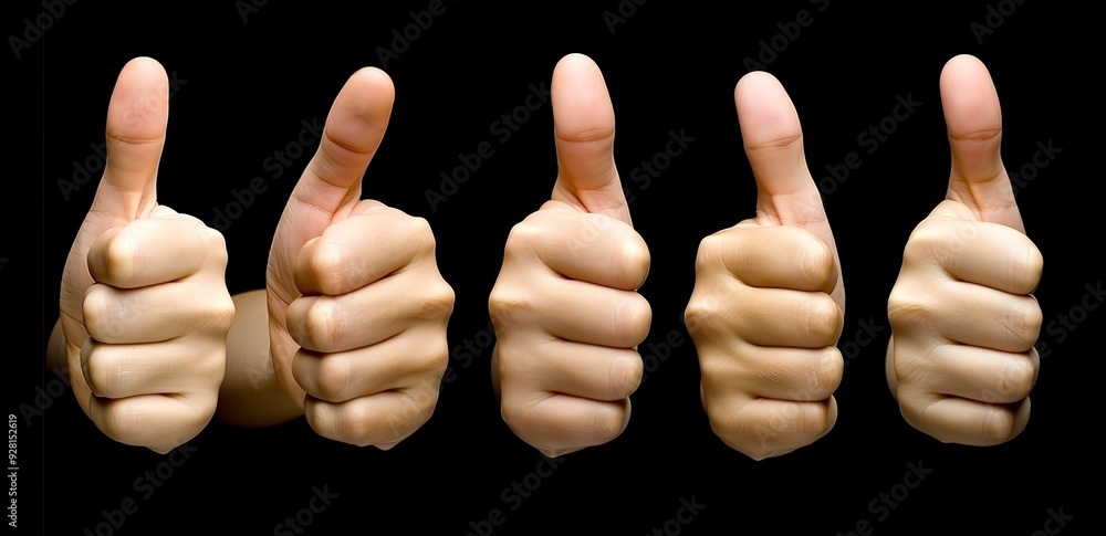 Five thumbs up gestures against a black background. A simple visual ...