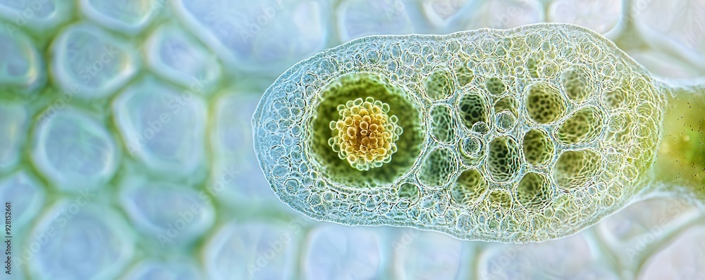 Microscopic image of a single plant cell within a larger organism ...