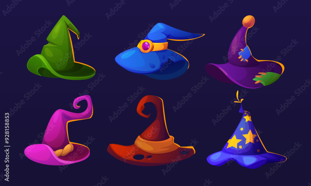 Magic fairy witch cap with pointy end and decorative elements. Cartoon ...