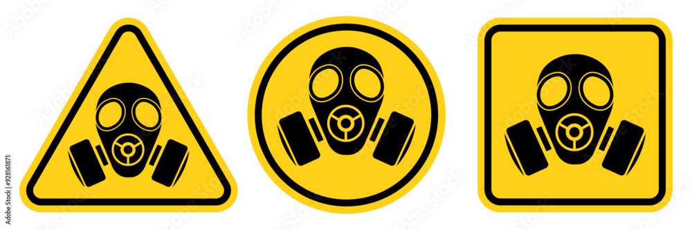 Set hazard danger yellow vector signs. Gas mask sign, logo, badge, icon ...