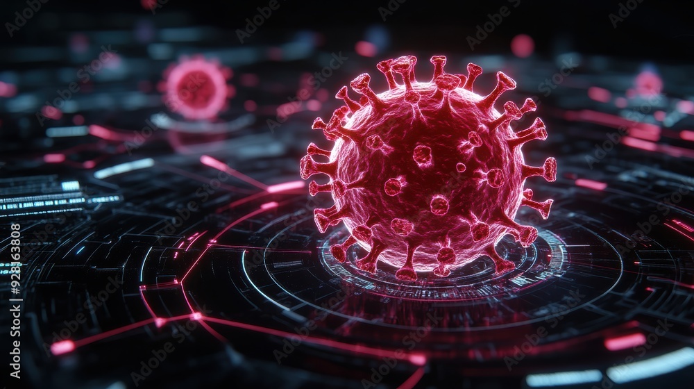 A virus particle rendered in 3D is displayed atop a futuristic digital ...