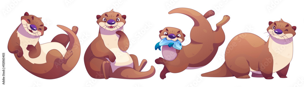 Cute sea otter characters set isolated on white background. Vector ...