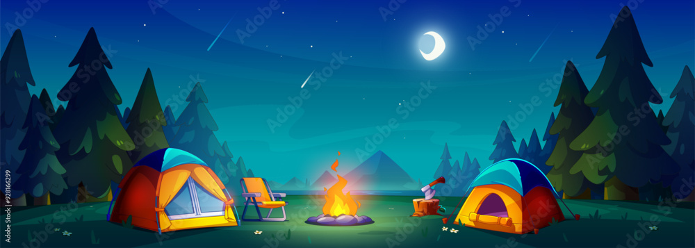 Night camp near mountain lake. Vector cartoon illustration of dark ...