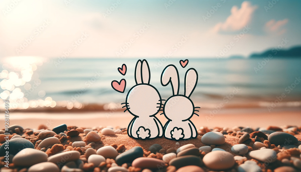 Two charming and playful cartoon-style rabbits, drawn in outline form ...
