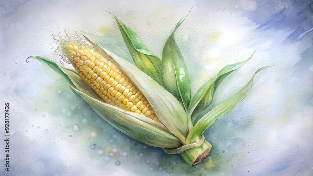 an artistic illustration of an ear of corn. The corn is partially ...