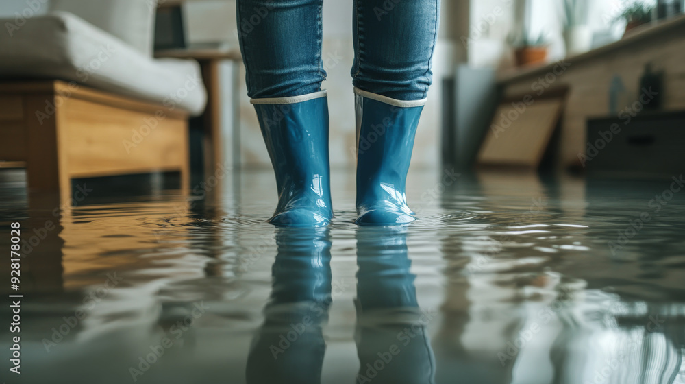 Flood and inundated concept image with person wearing blue rubber boots ...