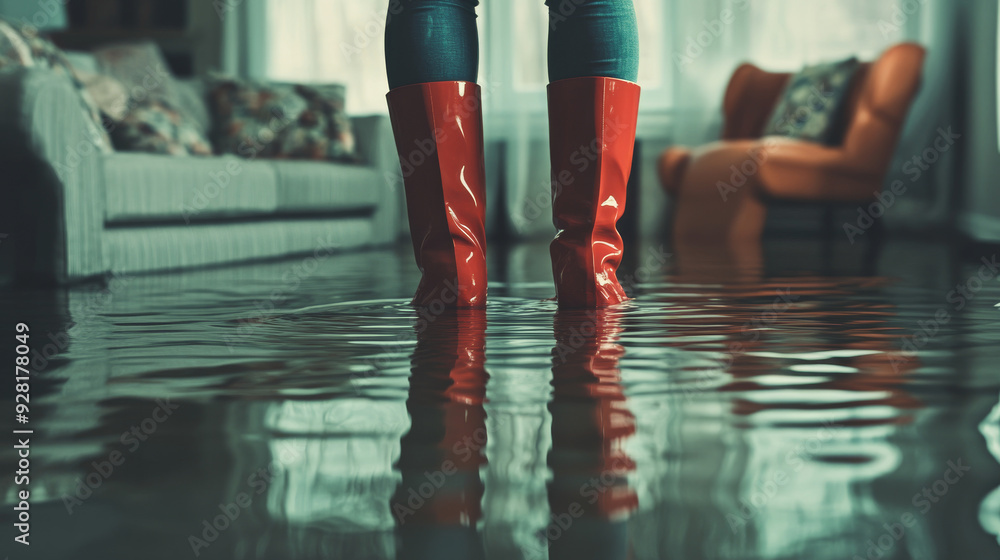 Flood and inundated concept image with person wearing red rubber boots ...