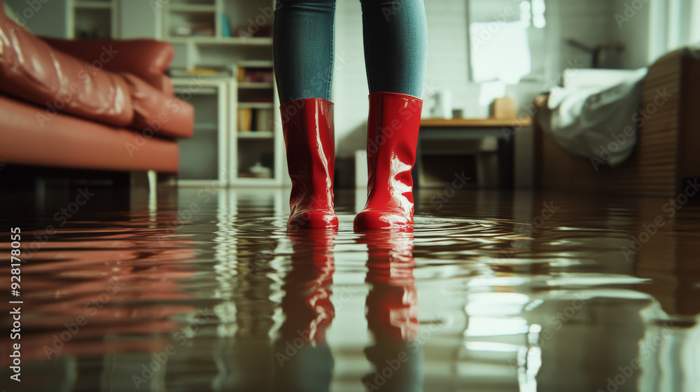 Flood and inundated concept image with person wearing red rubber boots ...